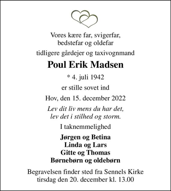 Poul Erik Madsen | Dødsannoncer i Danmark