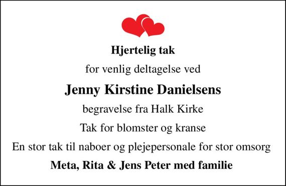 Jenny Kirstine Danielsen | Dødsannoncer i Danmark