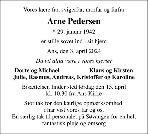 Arne Pedersen | Dødsannoncer i Danmark