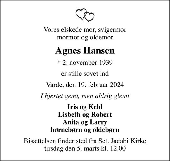 Agnes Hansen | Dødsannoncer i Danmark