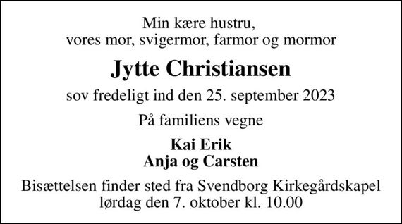 Jytte Christiansen | Dødsannoncer i Danmark