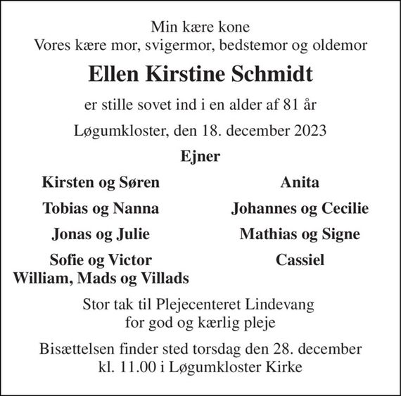 Ellen Kirstine Schmidt | Dødsannoncer i Danmark