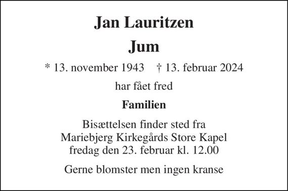 Jan Lauritzen | Dødsannoncer i Danmark