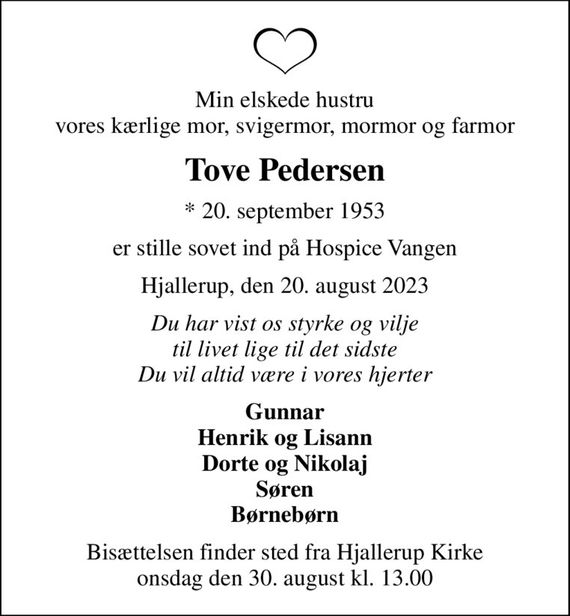 Tove Pedersen | Dødsannoncer i Danmark