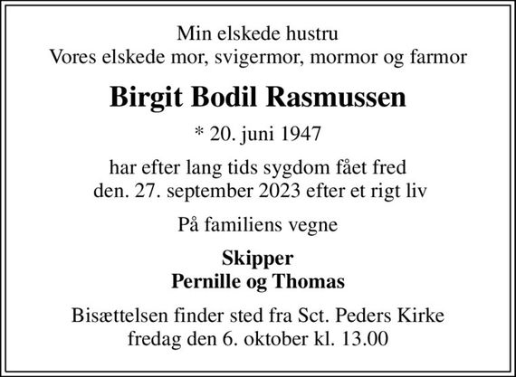 Birgit Bodil Rasmussen | Dødsannoncer i Danmark
