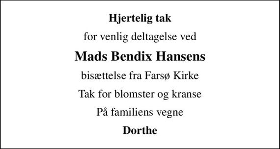 Mads Bendix Hansen | Dødsannoncer i Danmark