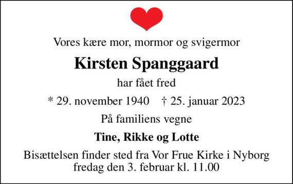 Kirsten Spanggaard | Dødsannoncer i Danmark