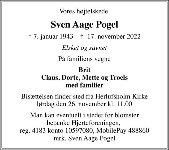 Sven Aage Pogel | Dødsannoncer i Danmark