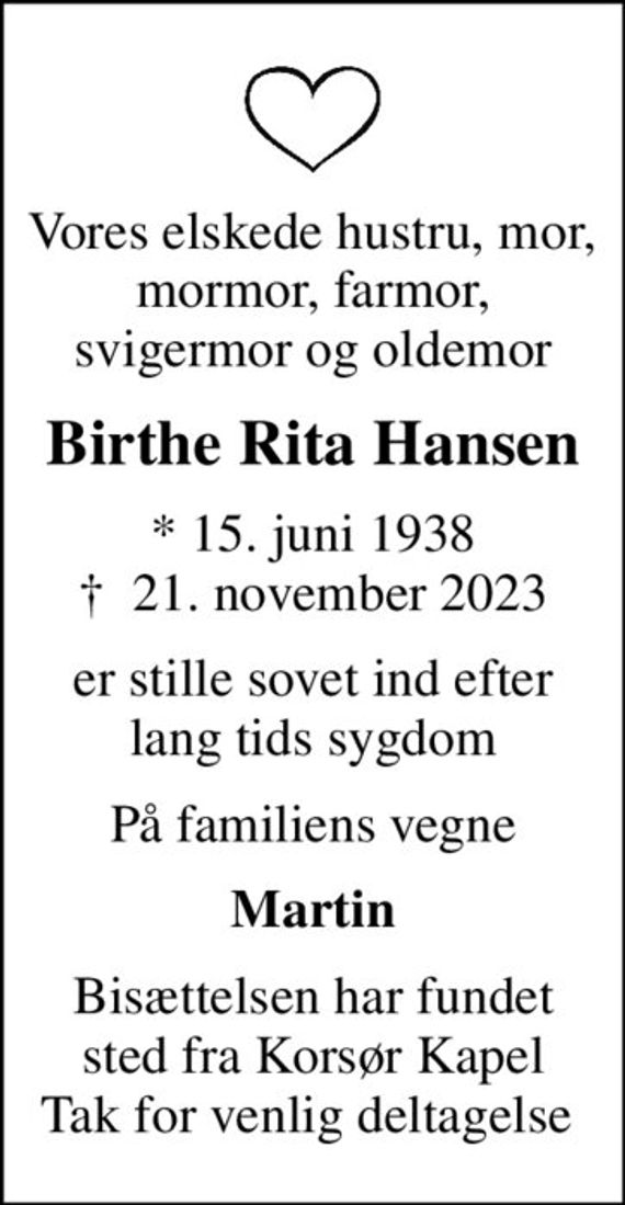 Birthe Rita Hansen | Dødsannoncer i Danmark