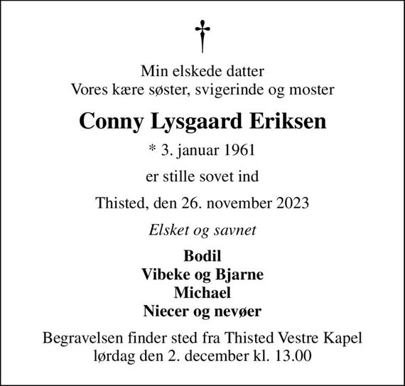 Conny Lysgaard Eriksen | Dødsannoncer i Danmark
