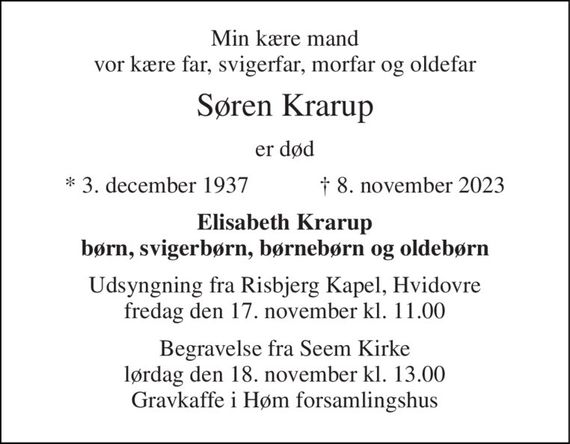Søren Krarup | Dødsannoncer i Danmark