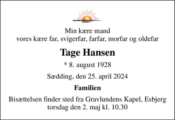 Tage Hansen | Dødsannoncer i Danmark