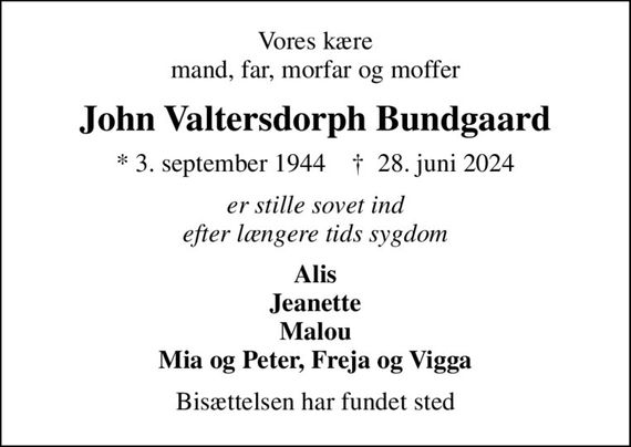 John Valtersdorph Bundgaard | Dødsannoncer i Danmark