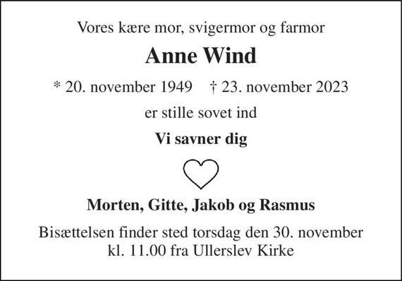 Anne Wind | Dødsannoncer i Danmark