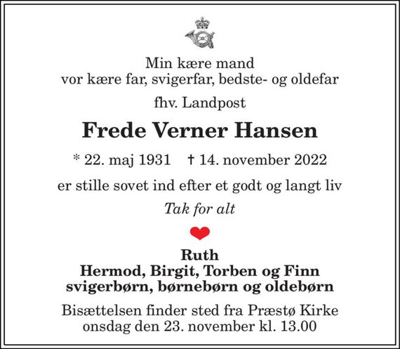 Frede Verner Hansen | Dødsannoncer i Danmark