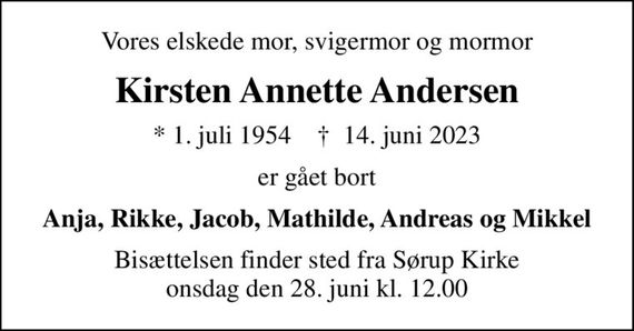 Kirsten Annette Andersen | Dødsannoncer i Danmark
