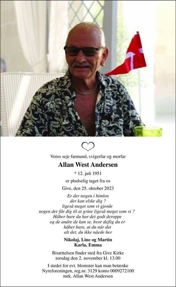 Allan West Andersen | Dødsannoncer i Danmark