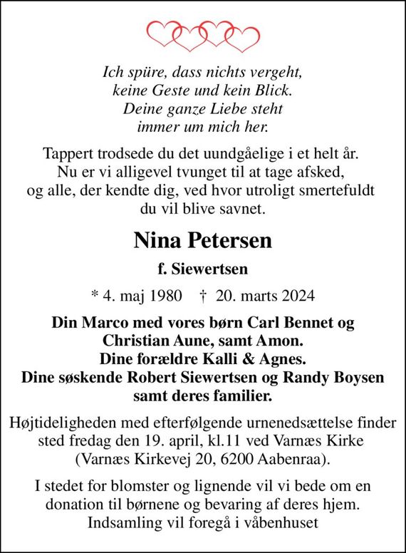 Nina Petersen | Dødsannoncer i Danmark