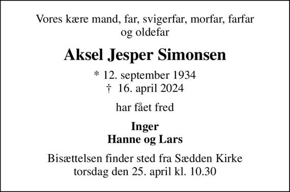 Aksel Jesper Simonsen | Dødsannoncer i Danmark