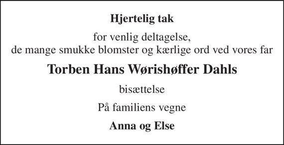 Torben Hans Wørishøffer Dahl | Dødsannoncer i Danmark