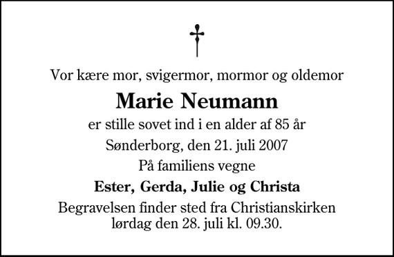 Marie Neumann | Dødsannoncer i Danmark