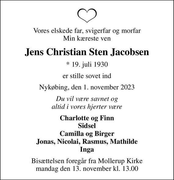 Jens Christian Sten Jacobsen | Dødsannoncer i Danmark