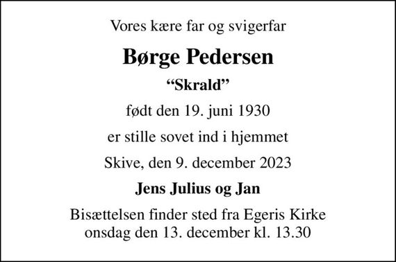 Børge Pedersen | Dødsannoncer i Danmark