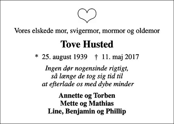 Tove Husted | Dødsannoncer i Danmark