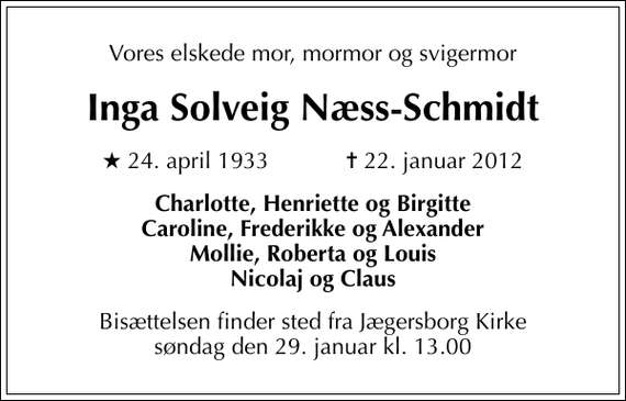 Inga Solveig Næss-Schmidt | Dødsannoncer i Danmark