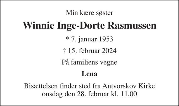 Winnie Inge-Dorte Rasmussen | Dødsannoncer i Danmark
