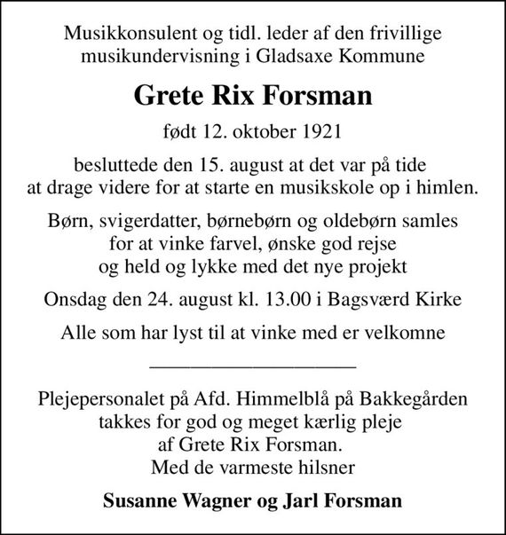 Grete Rix Forsman | Dødsannoncer i Danmark