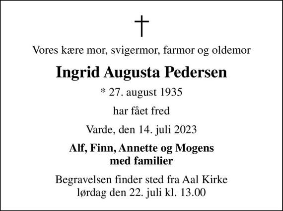 Ingrid Augusta Pedersen | Dødsannoncer i Danmark
