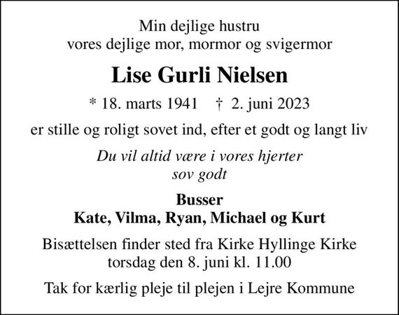 Lise Gurli Nielsen | Dødsannoncer i Danmark