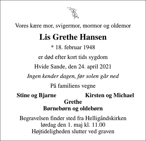 Lis Grethe Hansen | Dødsannoncer i Danmark
