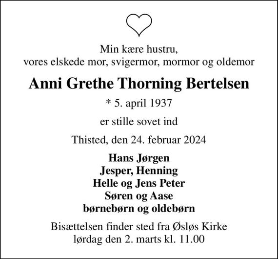 Anni Grethe Thorning Bertelsen | Dødsannoncer i Danmark
