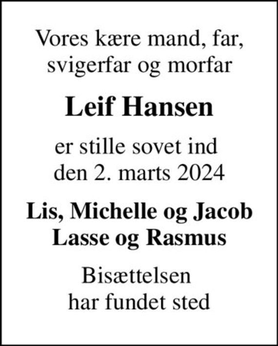 Leif Hansen | Dødsannoncer i Danmark