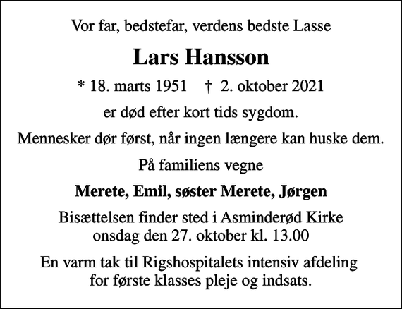 Lars Hansson | Dødsannoncer i Danmark