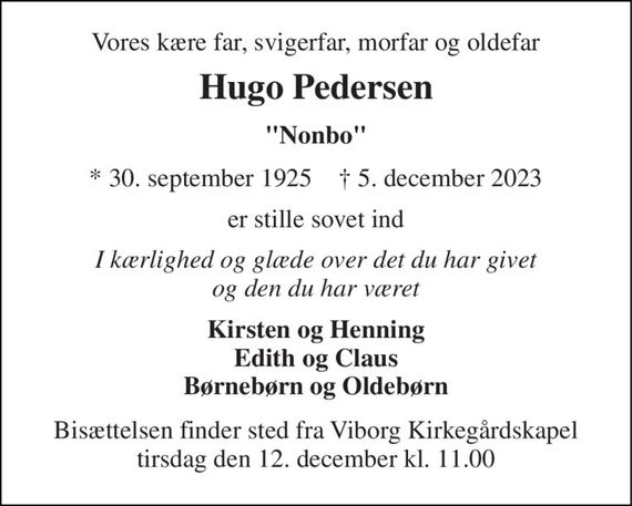 Hugo Pedersen | Dødsannoncer i Danmark