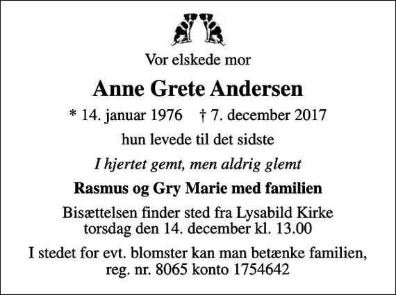 Anne Grete Andersen | Dødsannoncer i Danmark