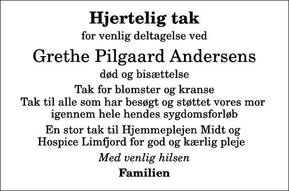 Grethe Pilgaard Andersen | Dødsannoncer i Danmark