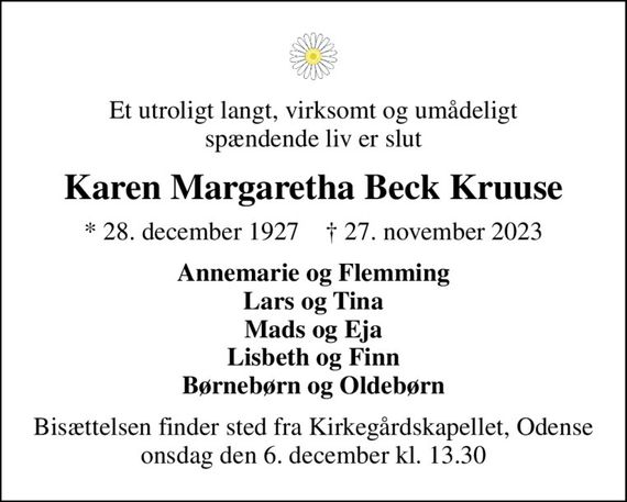 Karen Margaretha Beck Kruuse | Dødsannoncer i Danmark