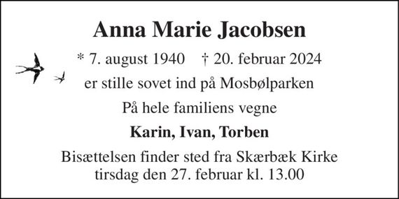 Anna Marie Jacobsen | Dødsannoncer i Danmark