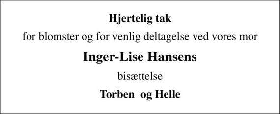 Inger-Lise Hansen | Dødsannoncer i Danmark