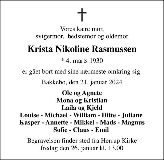 Krista Nikoline Rasmussen | Dødsannoncer i Danmark