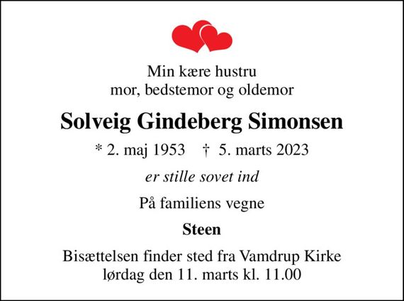 Solveig Gindeberg Simonsen | Dødsannoncer i Danmark