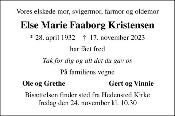 Else Marie Faaborg Kristensen | Dødsannoncer i Danmark