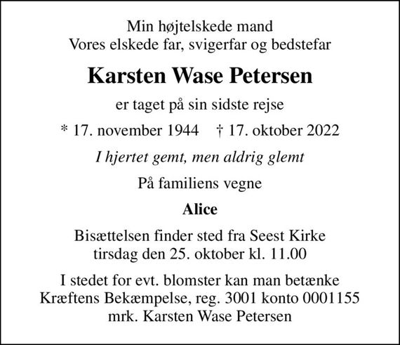 Karsten Wase Petersen | Dødsannoncer i Danmark