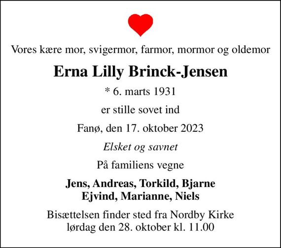 Erna Lilly Brinck-Jensen | Dødsannoncer i Danmark