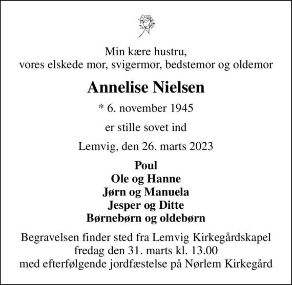 Annelise Nielsen | Dødsannoncer i Danmark