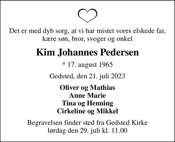 Kim Johannes Pedersen | Dødsannoncer i Danmark